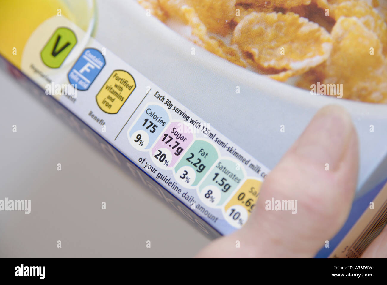looking at packet of breakfast cereal nutritional information values ...