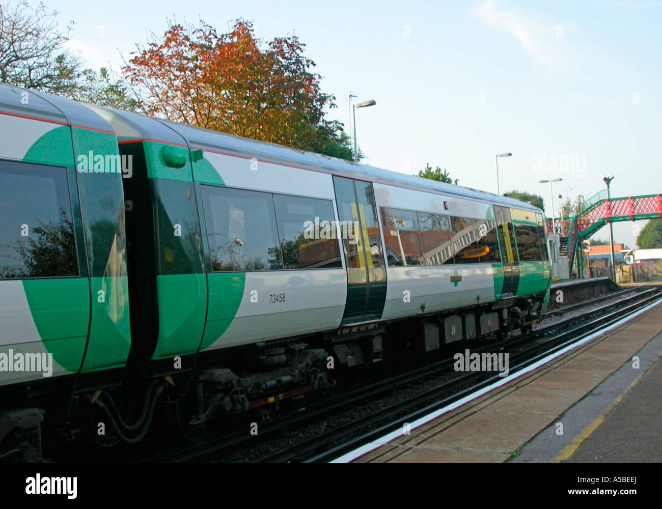 Southern Railway train departing from Goring station Worthing area West ...