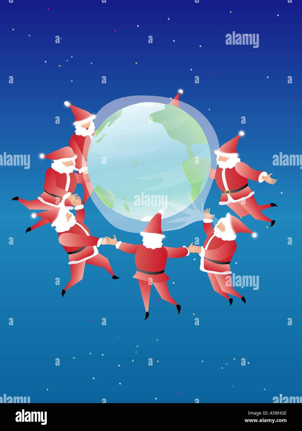 Group of Santa Claus holding hands around the earth Stock Photo - Alamy