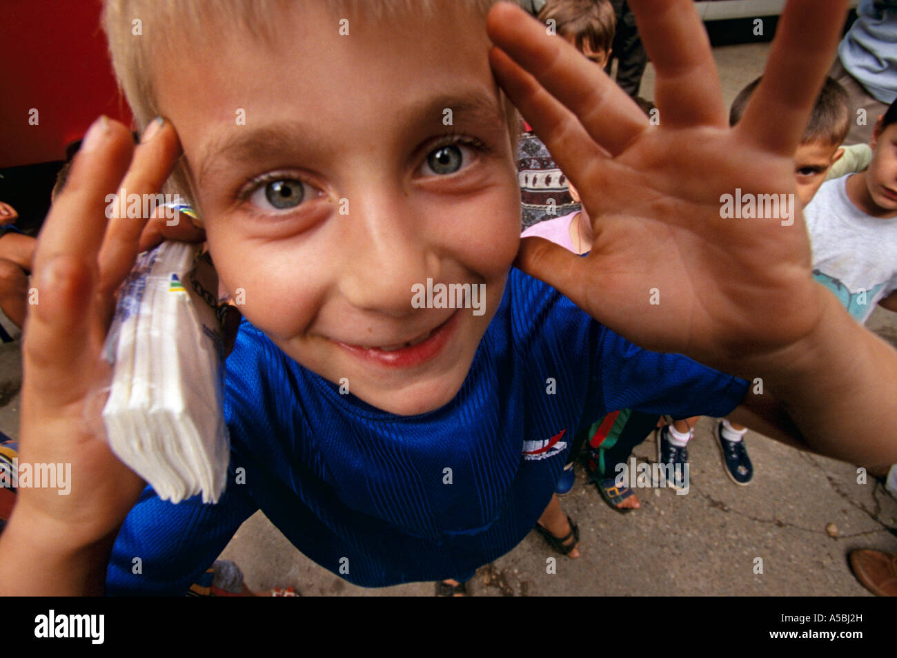 Young boy making faces, Serbian refugee camp, Belgrade, Serbia Stock ...