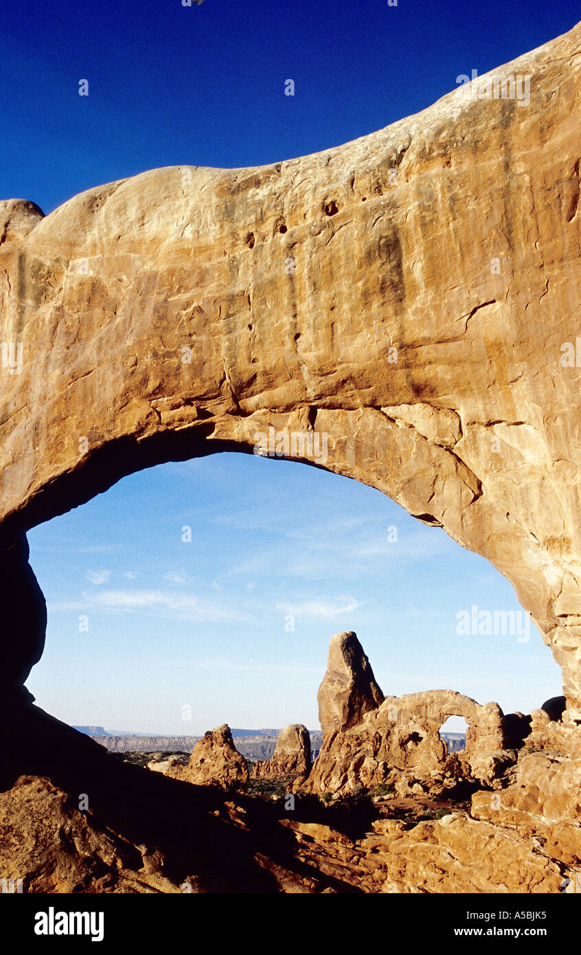USA Utah Arches National Park North Window with view of Turret Arch ...