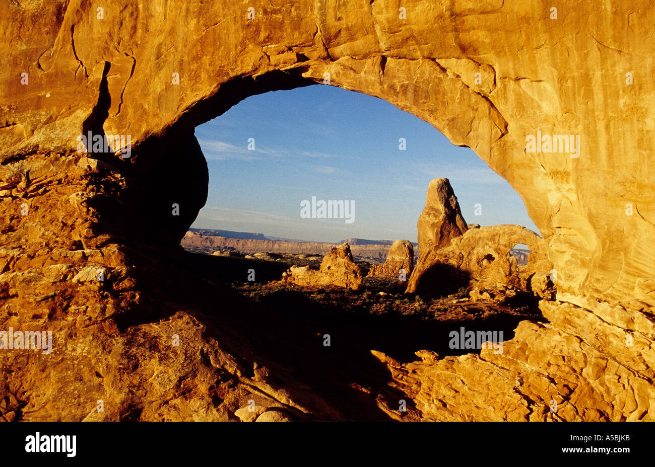 USA Utah Arches National Park North Window with view of Turret Arch ...