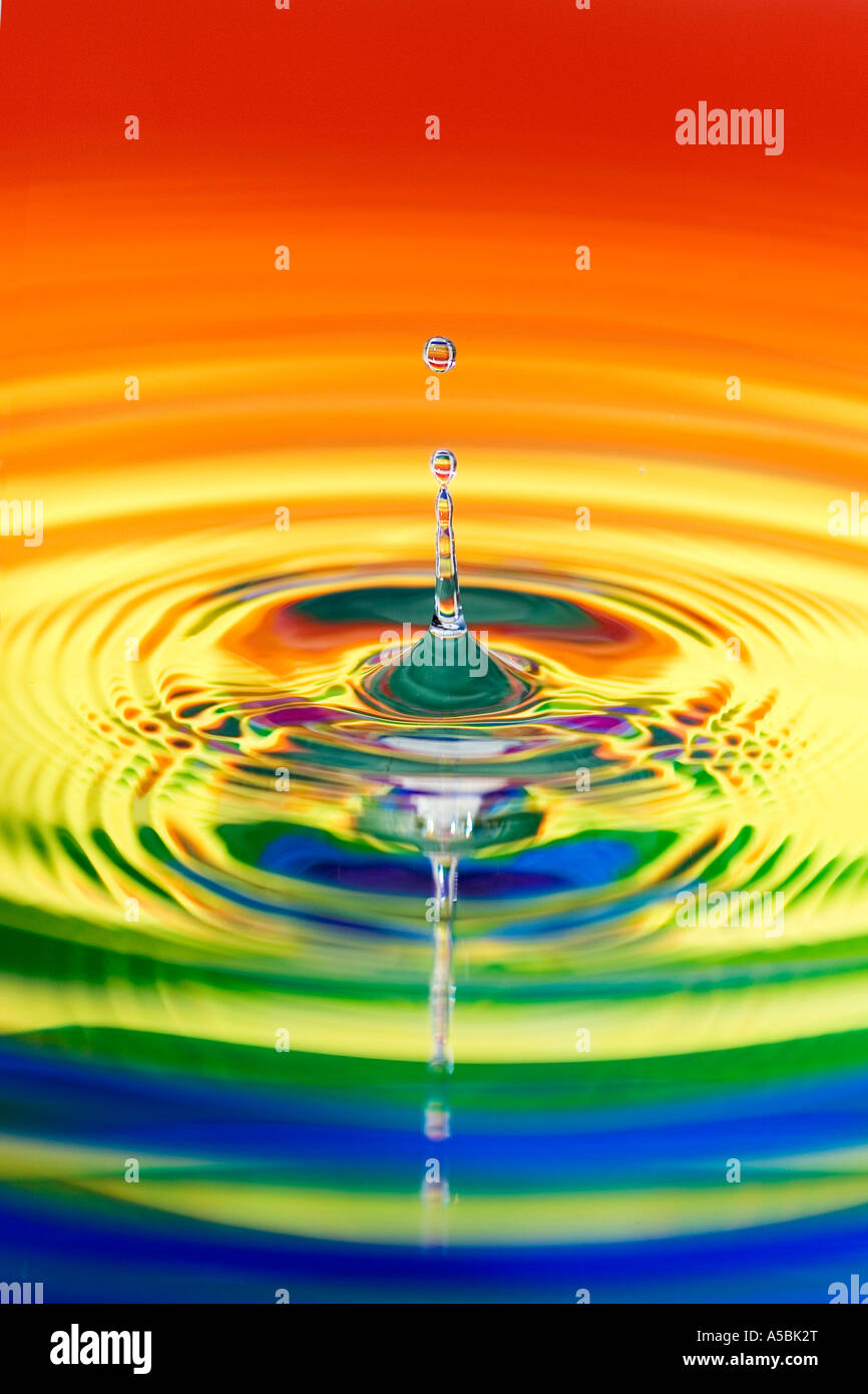 Rainbow water drop and ripples. Water on a plate mirror with reflected ...