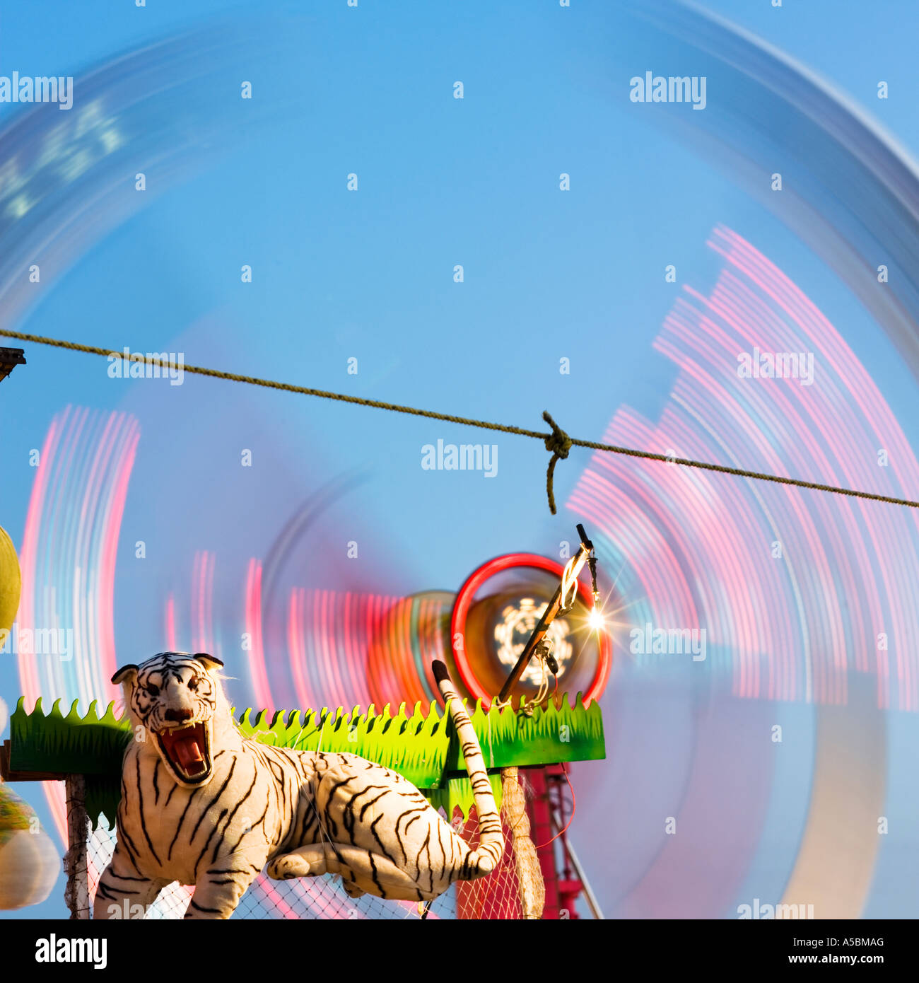 spinning fairground wheel in twilight with white tiger in foreground ...
