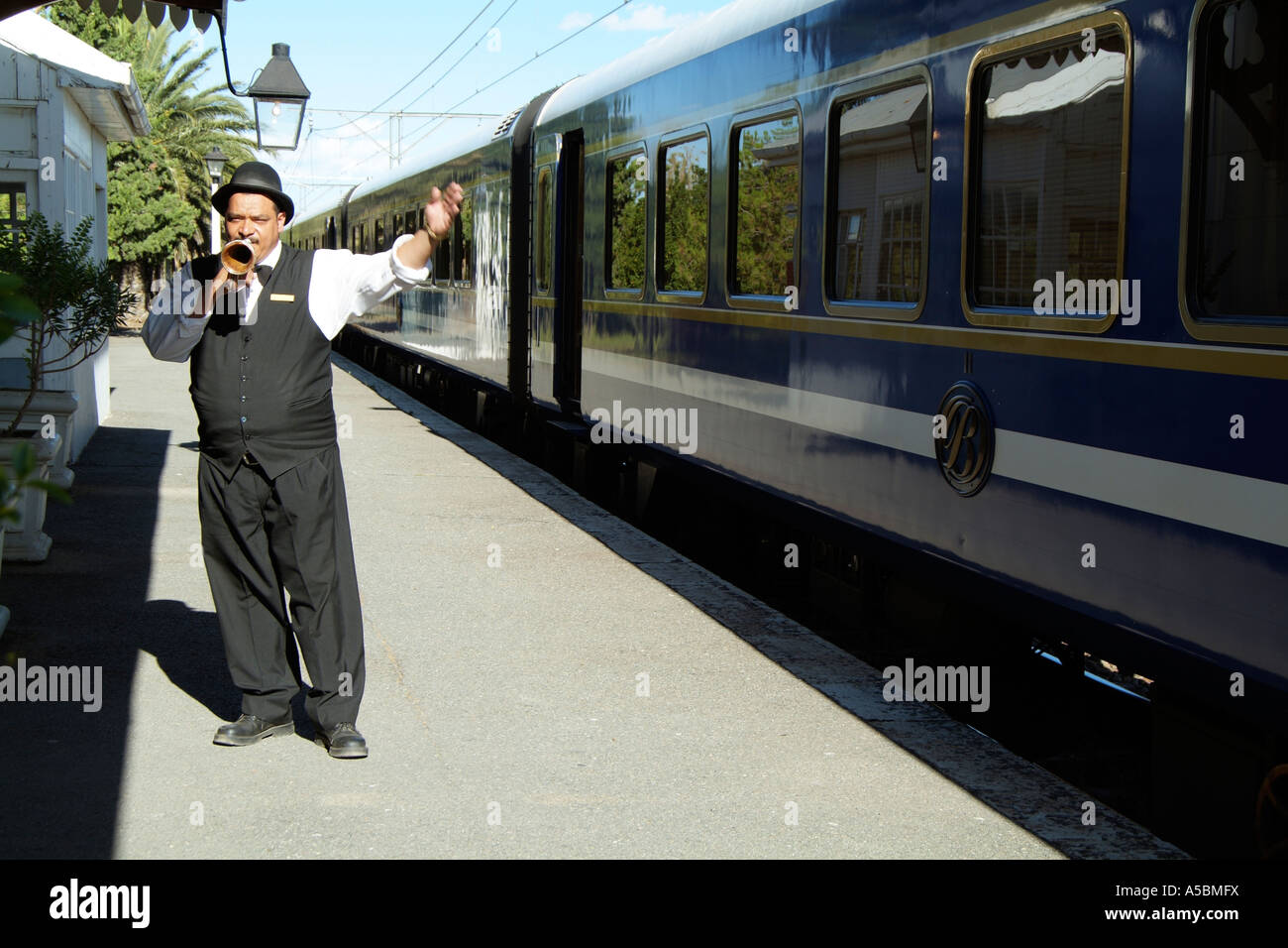 The Blue Train and greeting from bugle player at Matjiesfontein Station ...