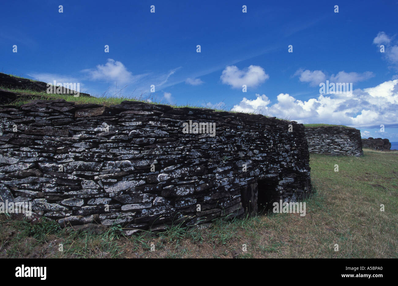 South Pacific Easter Island ancient birdman cult houses at Orongo Rano ...
