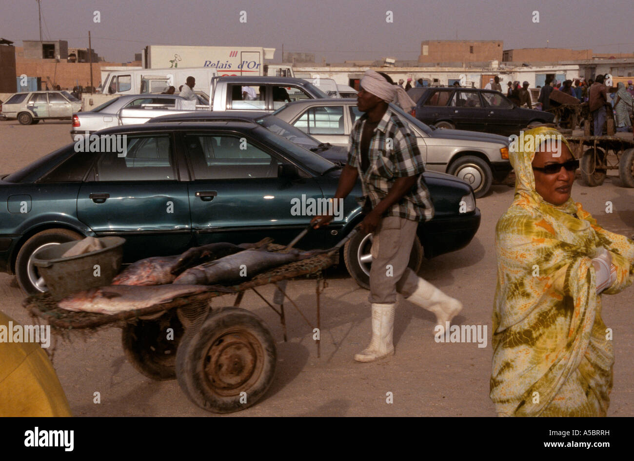 Mauritanian fish trader pushing barrow of fish in busy fish market ...