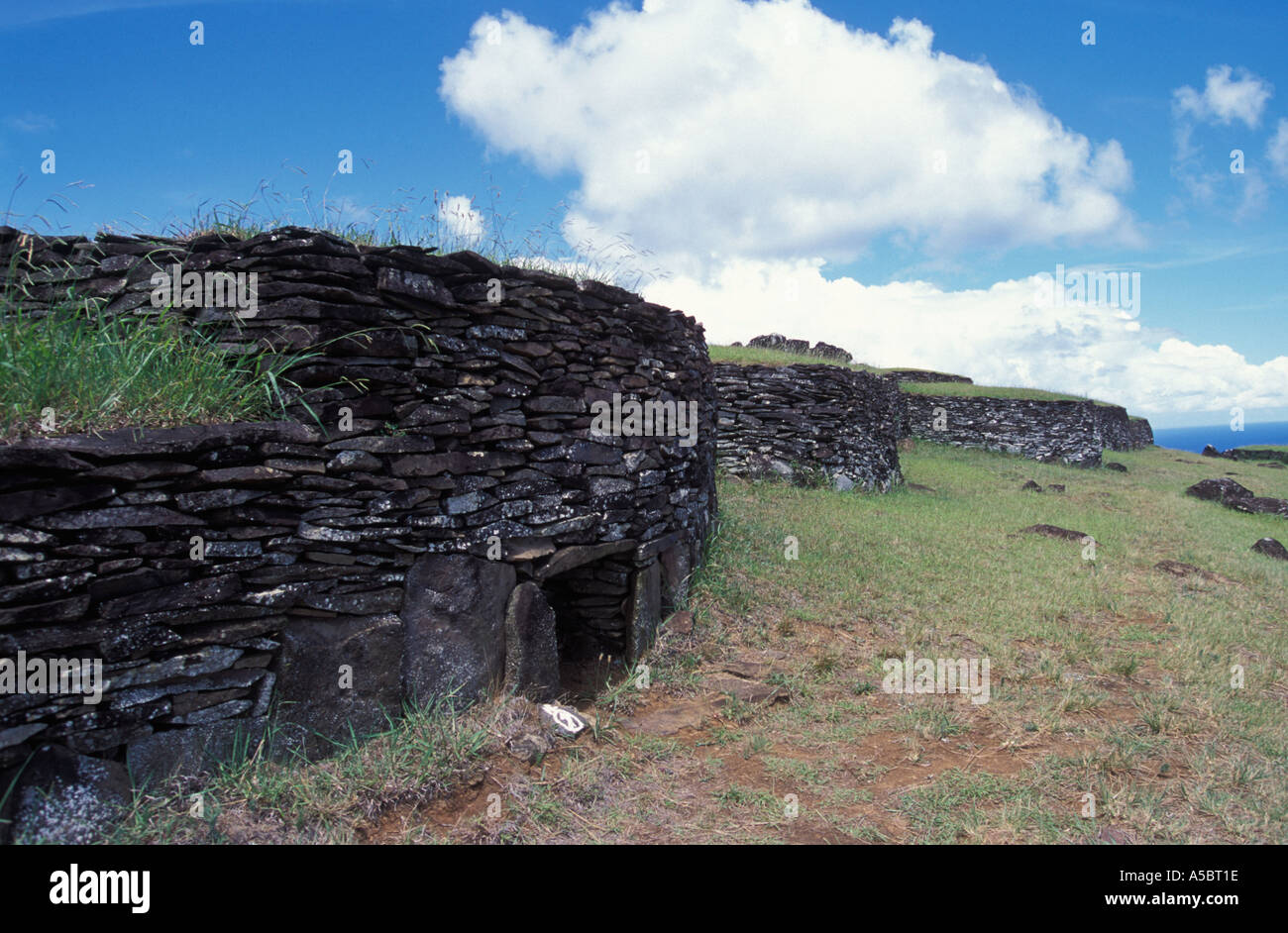 Easter Island Chile Rano Kau Orongo houses from the birdman cult era ...