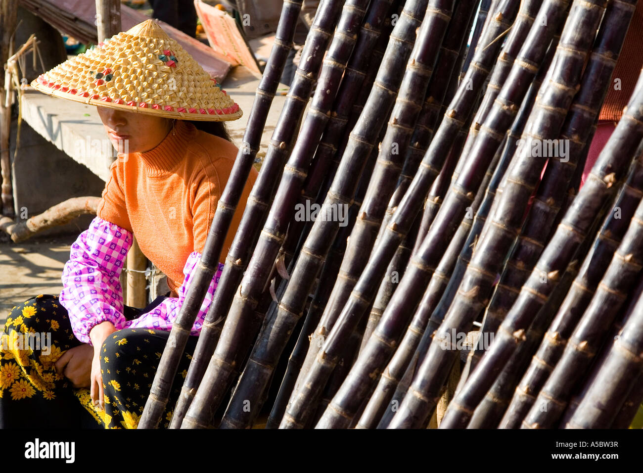 Ethnic Minority Woman Selling Sugarcane at Market Menghai China ...