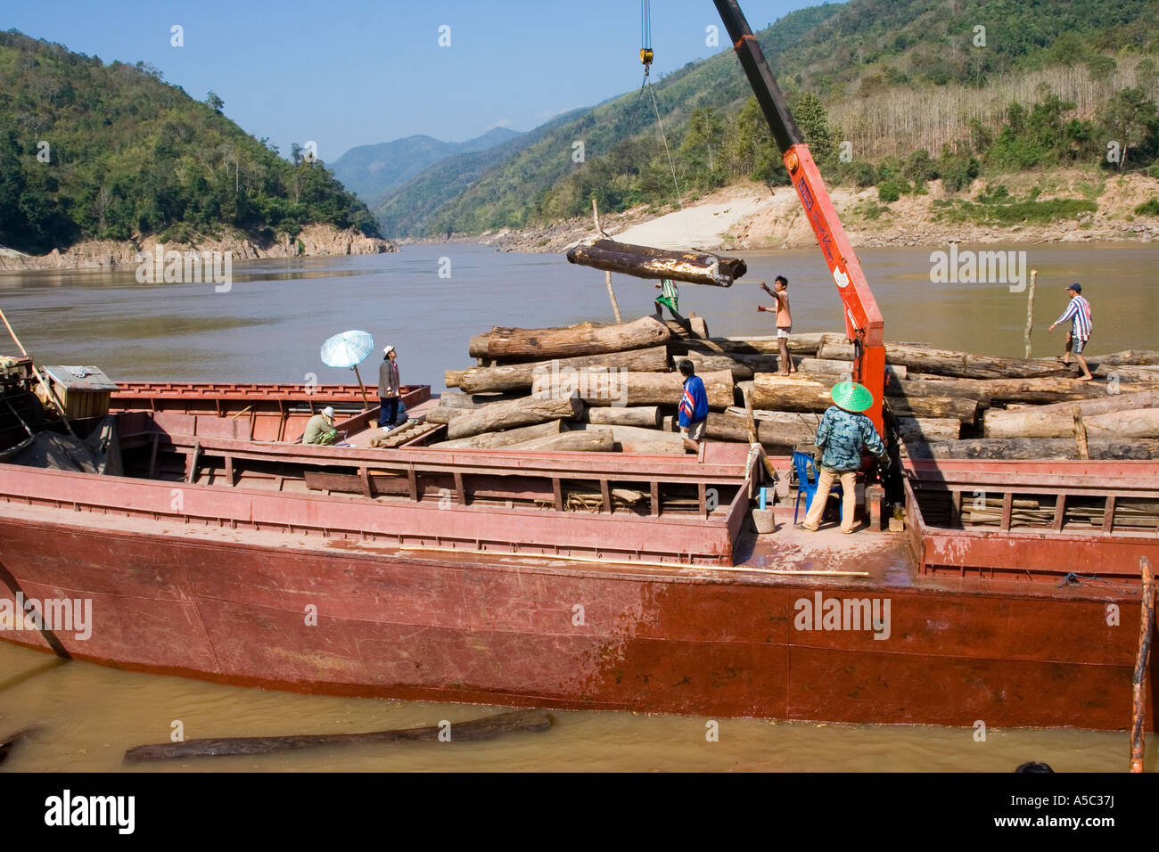 Loading Logs onto a Barge Tha Suang Laos Stock Photo - Alamy