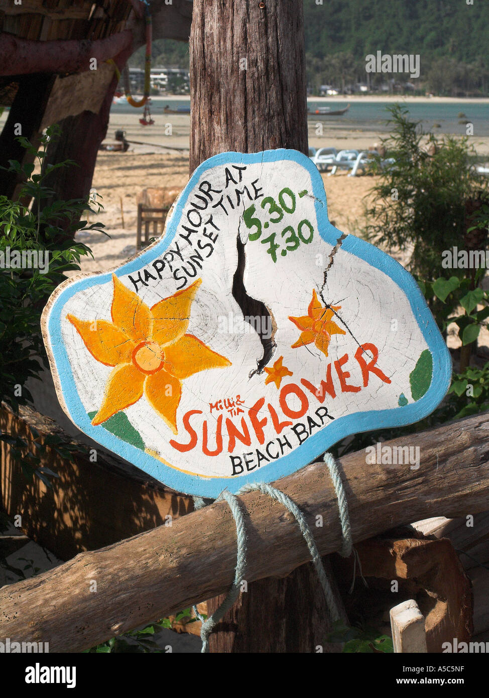Happy hour wooden Sunflower Beach Bar sign Ao Lo Dalam beach Phi Phi ...