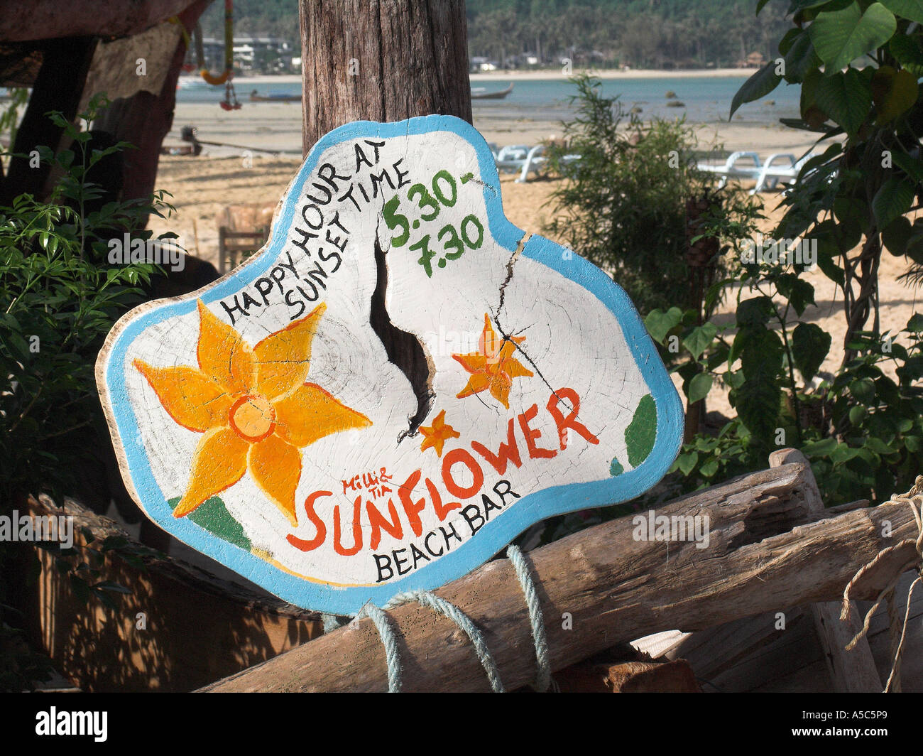 Happy hour wooden Sunflower Beach Bar sign Ao Lo Dalam beach Phi Phi ...