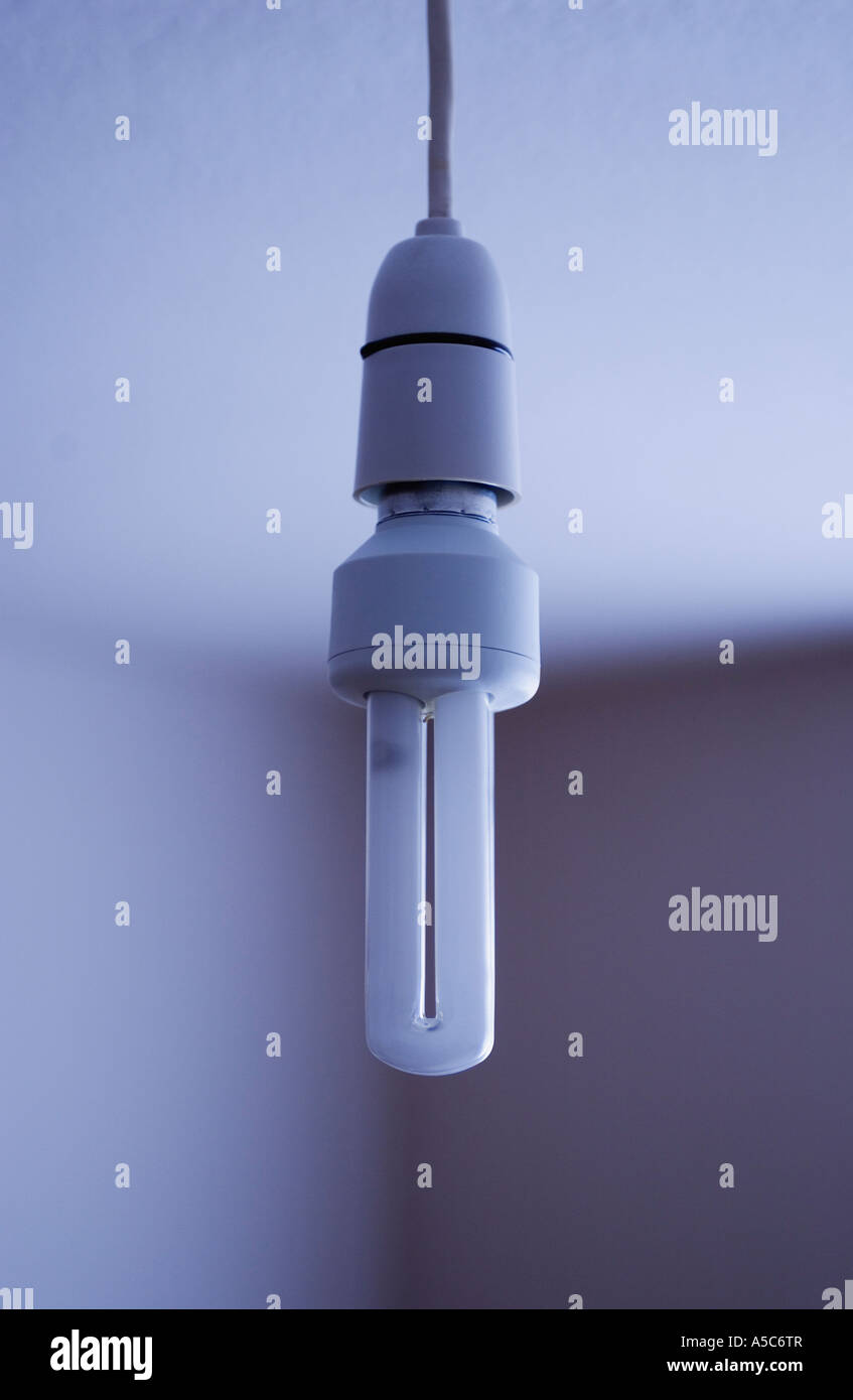 Energy saving electric bulb hanging from ceiling Stock Photo - Alamy