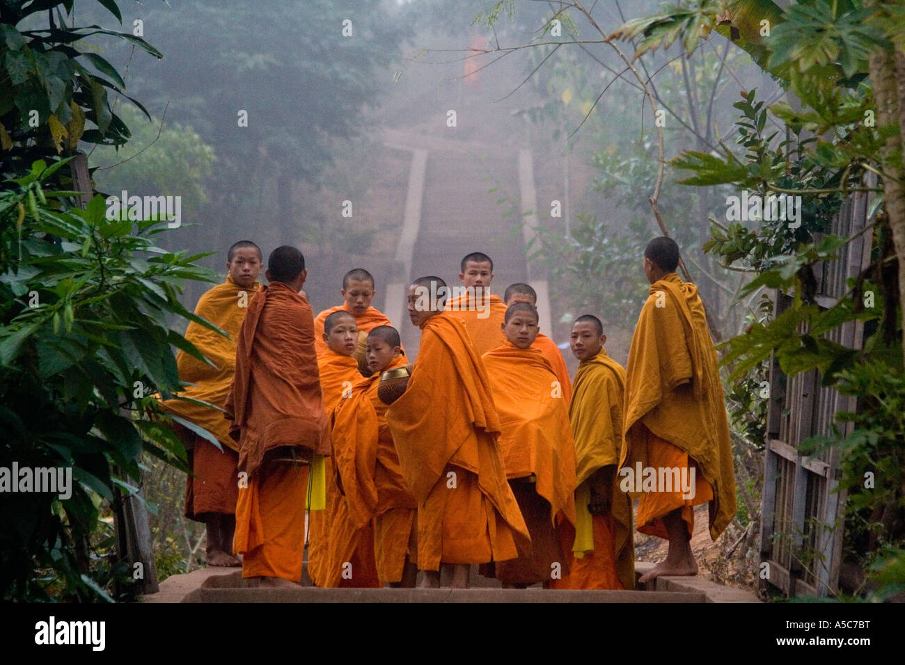 Monks and Novices Descending Steps at Phu That Stupa Udomxai or Muang ...