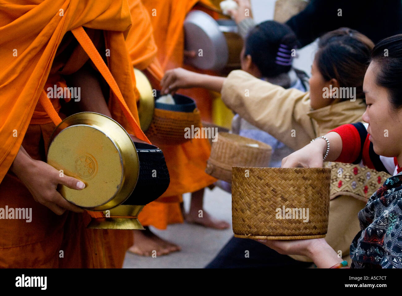 Buddhist Women Make Offering of Sticky Rice During Morning Alms Udomxai ...