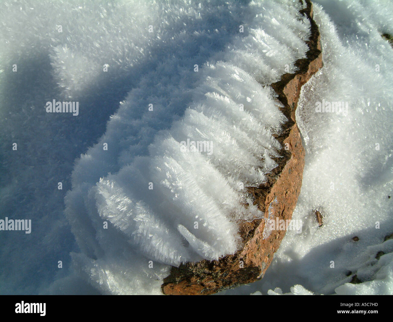 Ice crystals forming on rocks in the strong winter winds on top of a ...