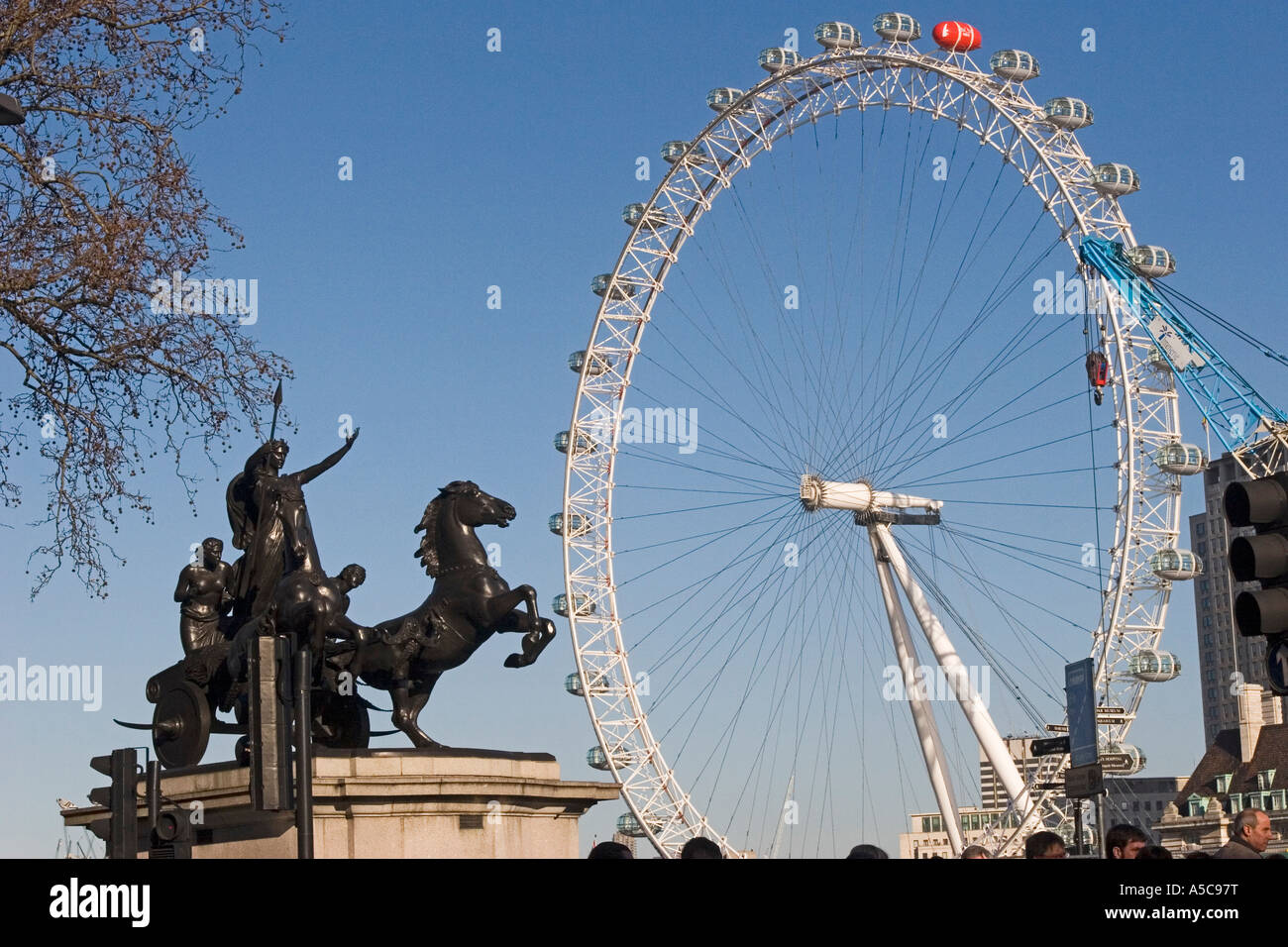 Statue of Boudica with chariot and leaping horses, located on ...