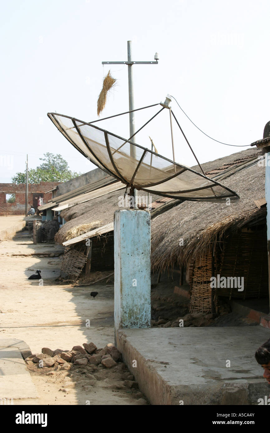 TV Satellite Ariel on a mud thatched hut in a Desia Kondh tribal ...