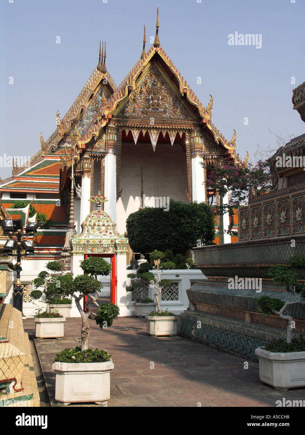Ornate temple buildings and bonsai trees Wat Po Bangkok Thailand Stock ...