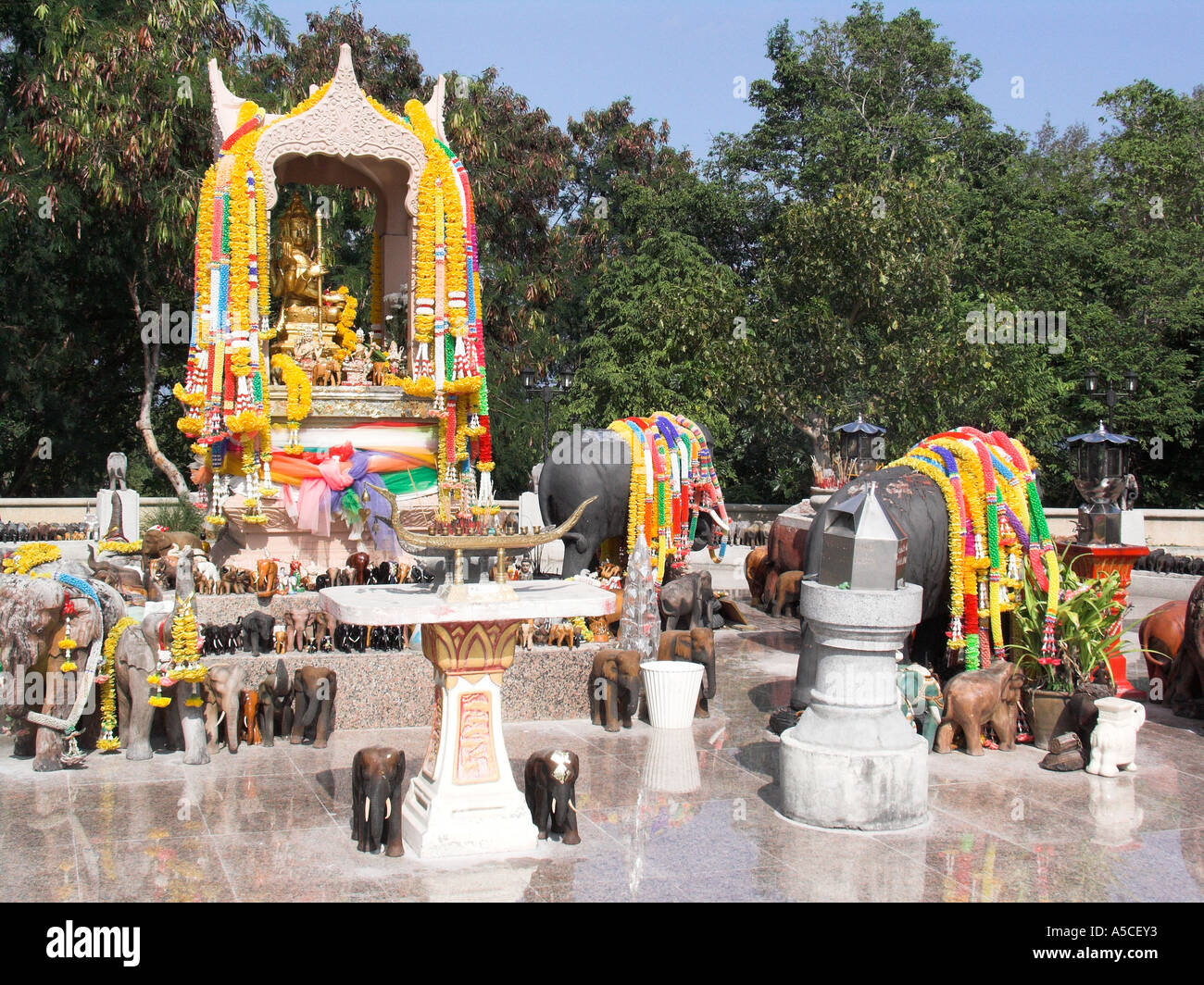 Brahma Phra Phrom shrine surrounded by elephants Laem Phromthep cape ...