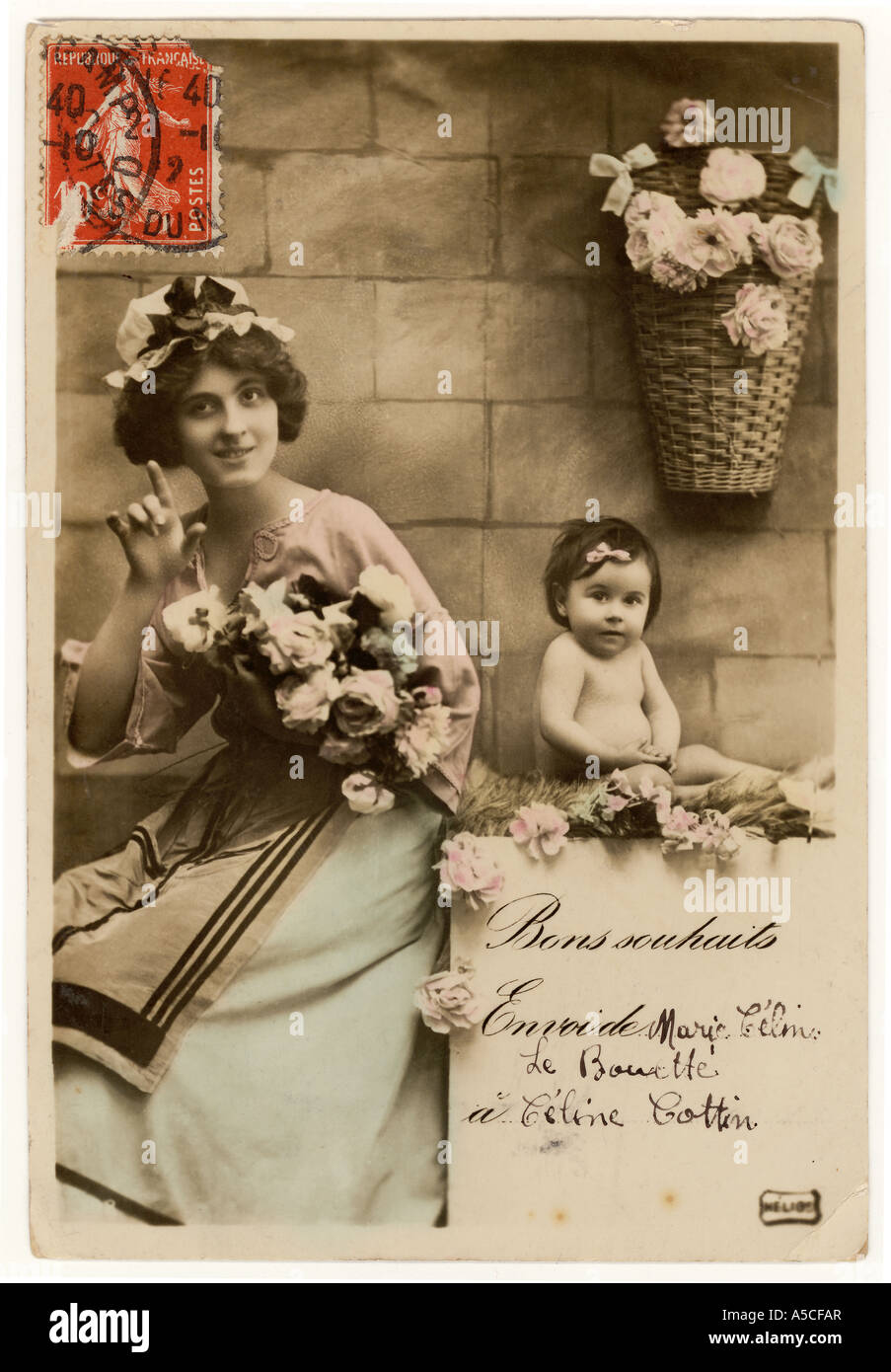 French birth announcement postcard, carte postale, of pretty mother and ...