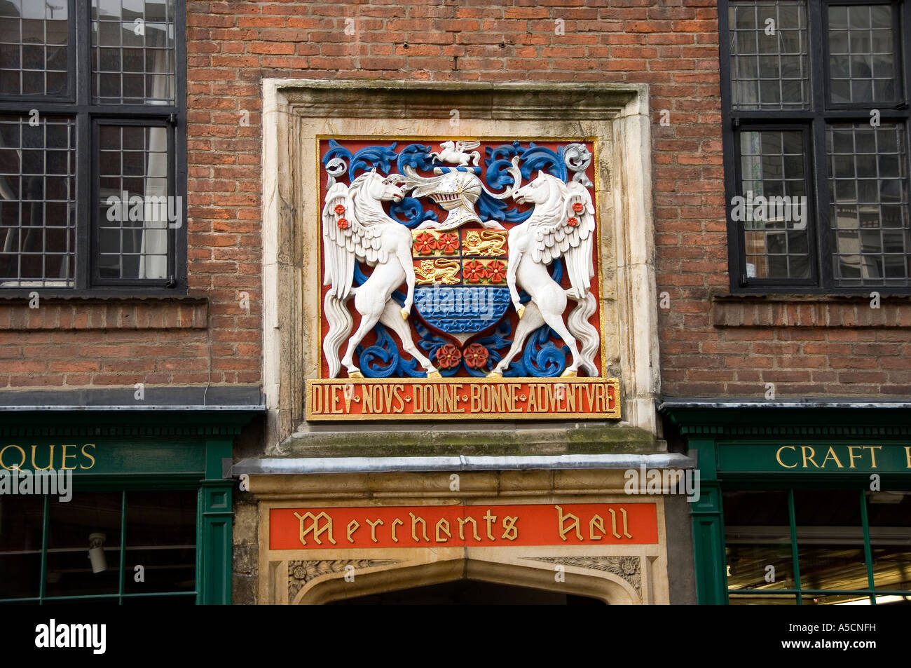 Close up of plaque crest at entrance to the Merchant Adventurers Hall ...