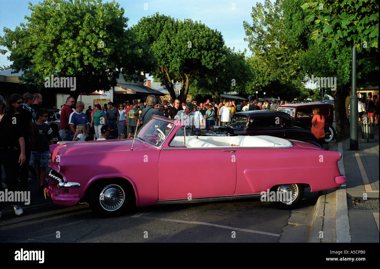 A pink convertible on display during the Hot Rod evening in Tanunda ...