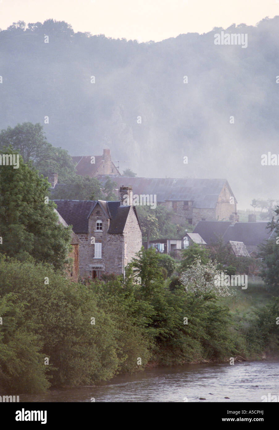 Misty morning at Le Vey on the River Orne near Clecy Calvados France ...