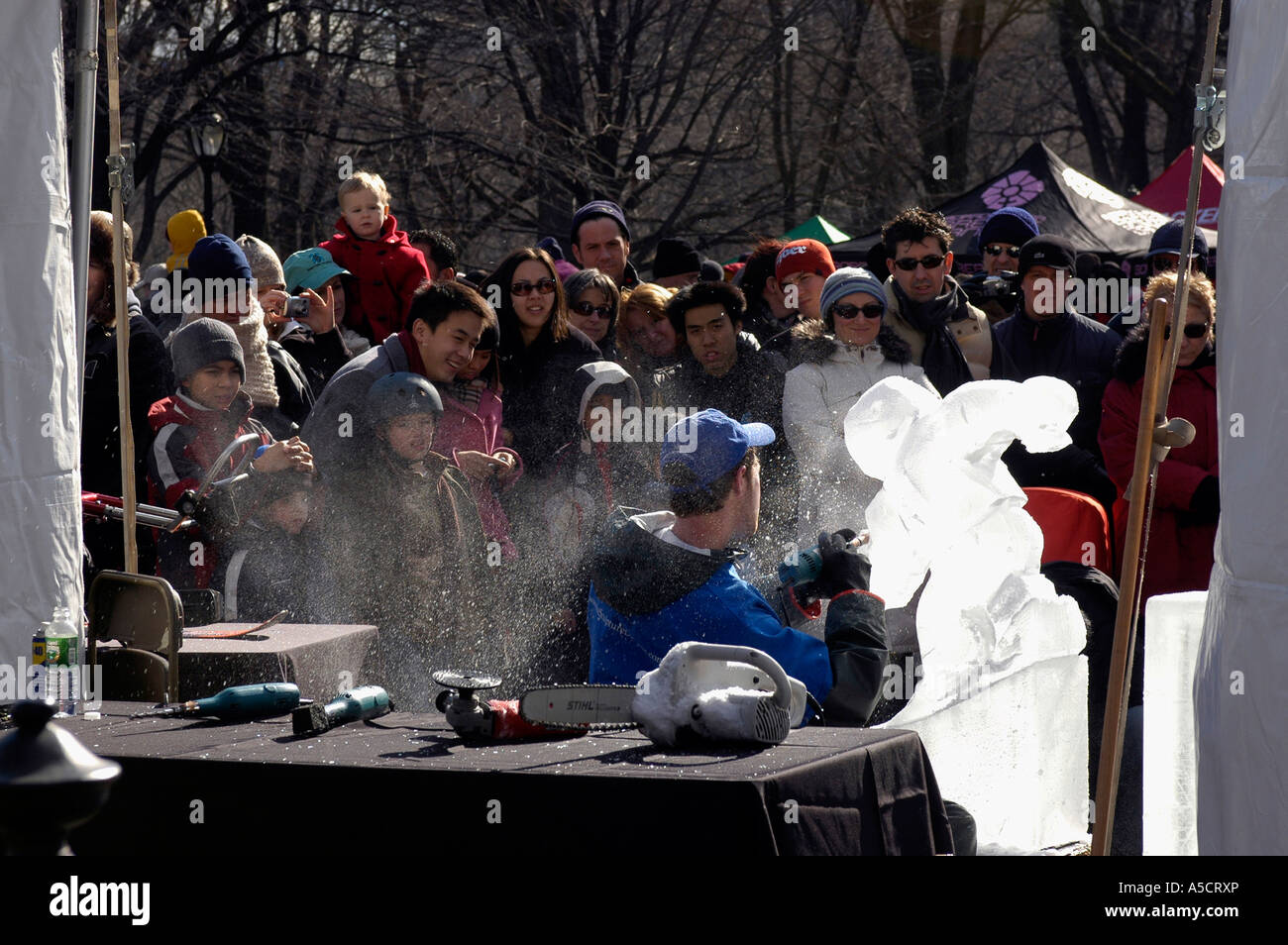Ice carver creates sculpture in ice during the Central Park Winter ...