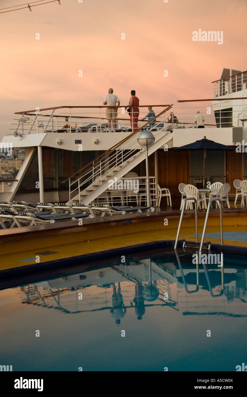 View of the pool deck at sunset on Holland America cruise ship ms ...