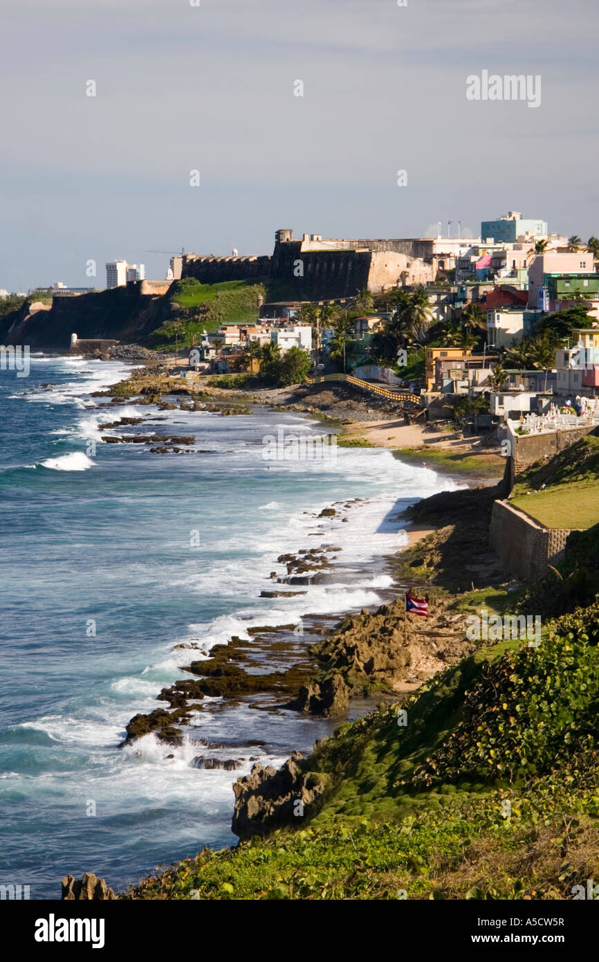 Coastal view of San Juan Puerto Rico with waves and beach in foreground ...