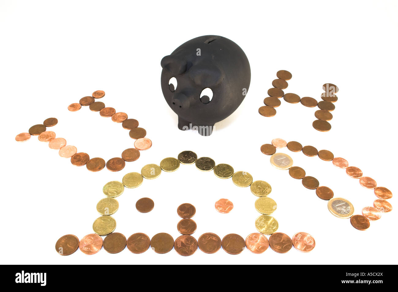 Piggy bank with coins drawings of things money can buy Stock Photo - Alamy