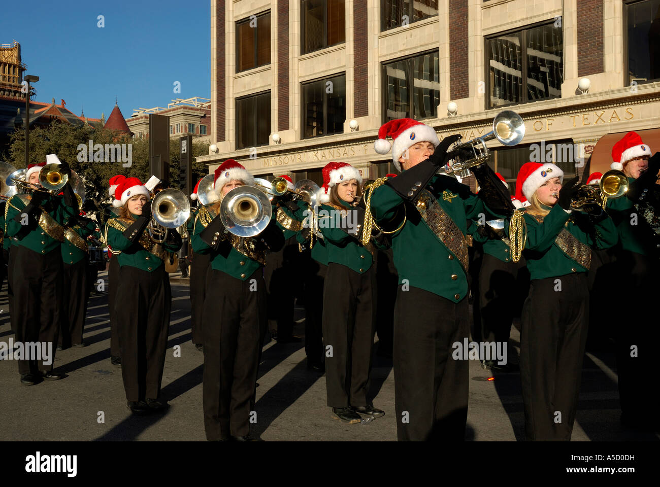 Band playing trumpets and tubas during a Christmas parade Stock Photo ...