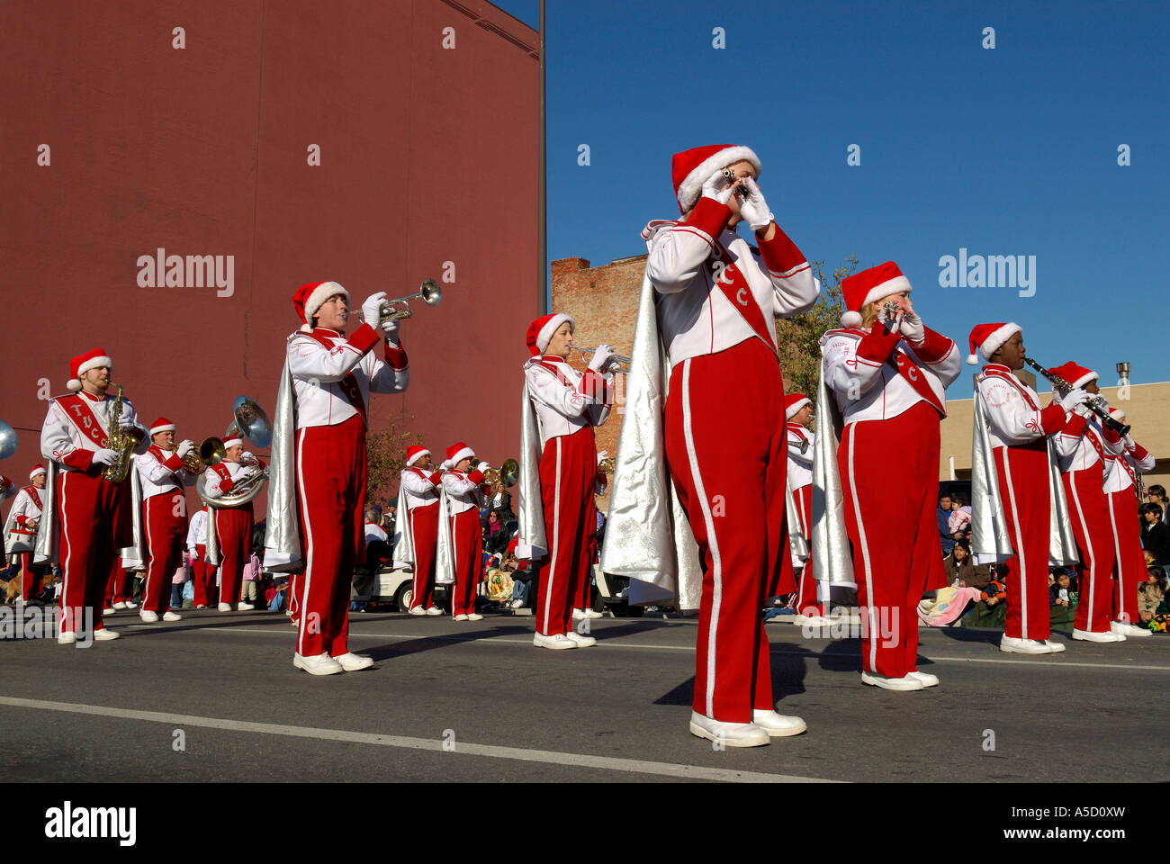 Band playing flutes, trumpets during a Christmas parade Stock Photo - Alamy