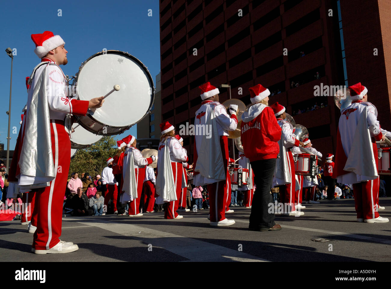 Band playing drums, cymbals during a Christmas parade Stock Photo - Alamy