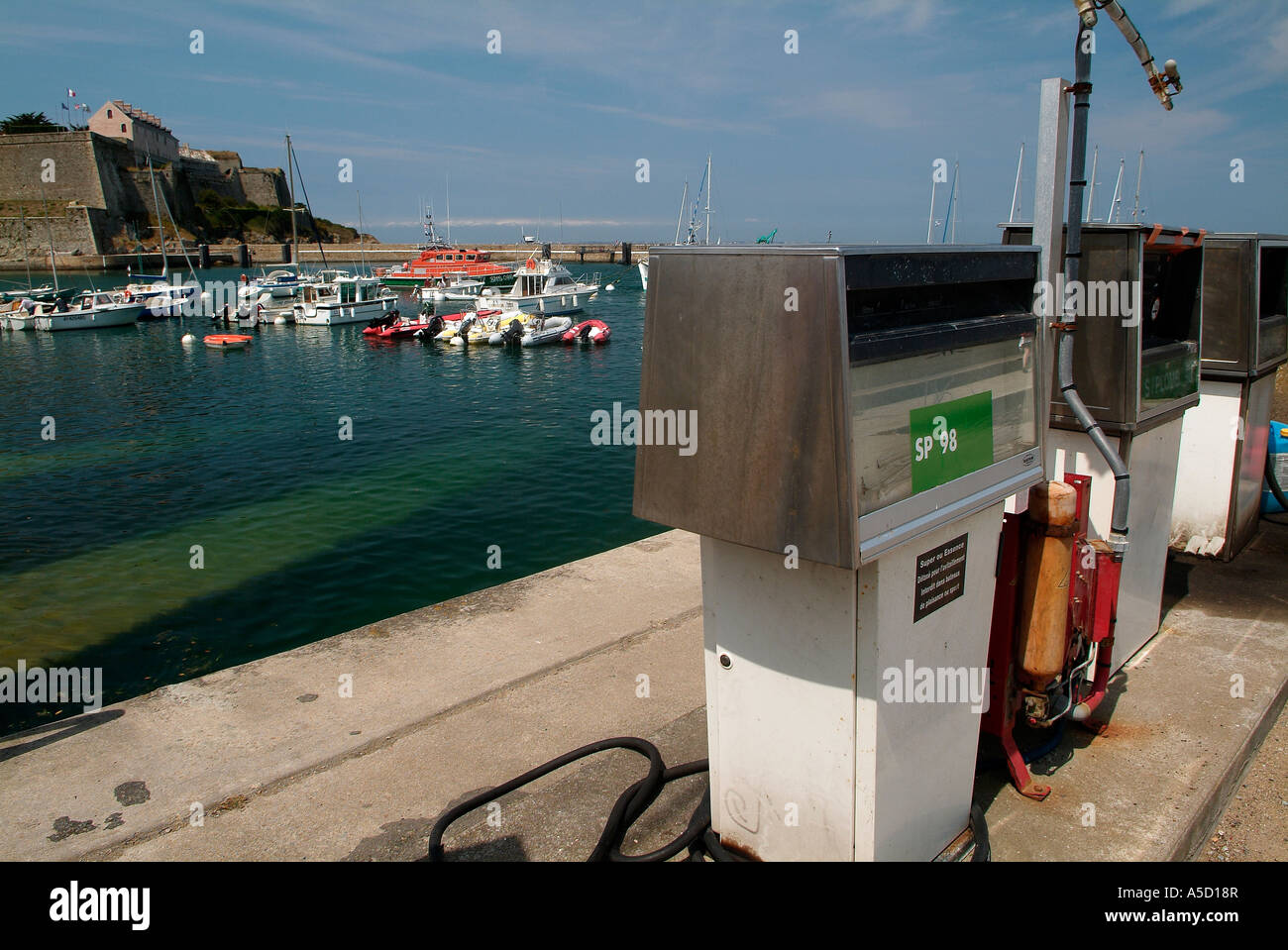 Boat gas station, Le Palais harbour, Belle Ile en Mer, Brittany Stock ...