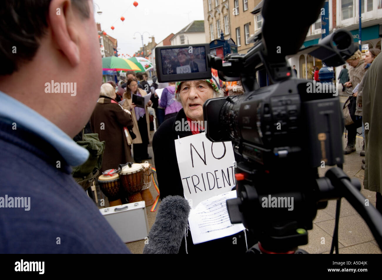 BBC TV reporter interviewing Olwen Davies at Anti Trident Missile ...