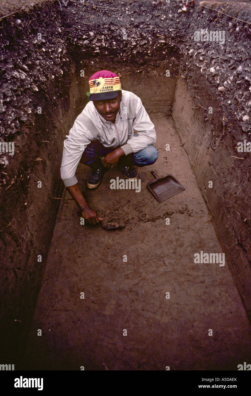 Student archaeologist digging at an excavation at Fort Mose ...
