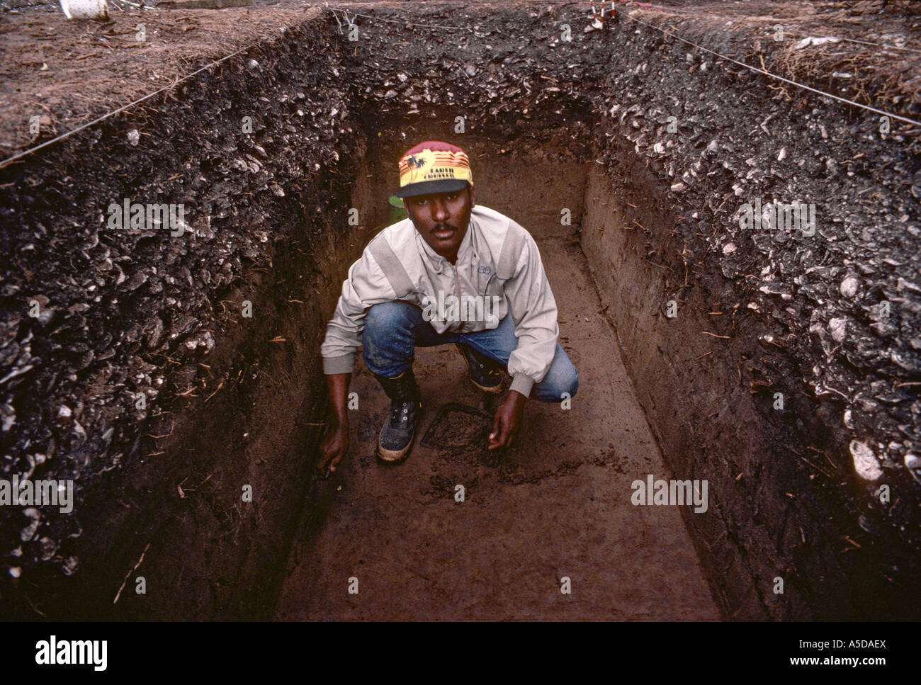 Student archaeologist digging at an excavation at Fort Mose ...