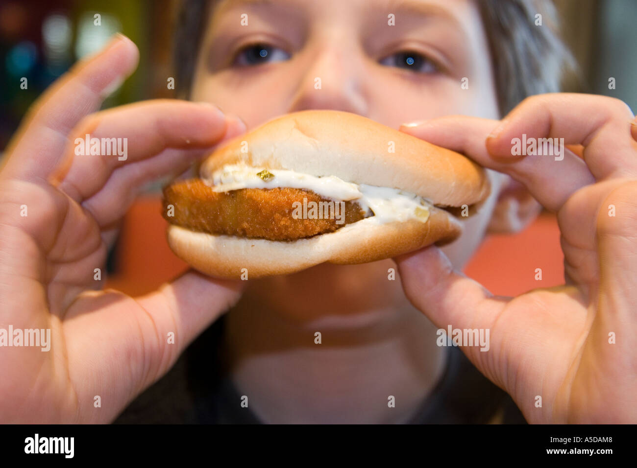 Boy eating fish sandwich Stock Photo - Alamy