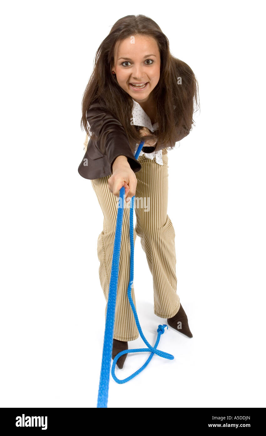 woman pulling the rope white background Stock Photo - Alamy