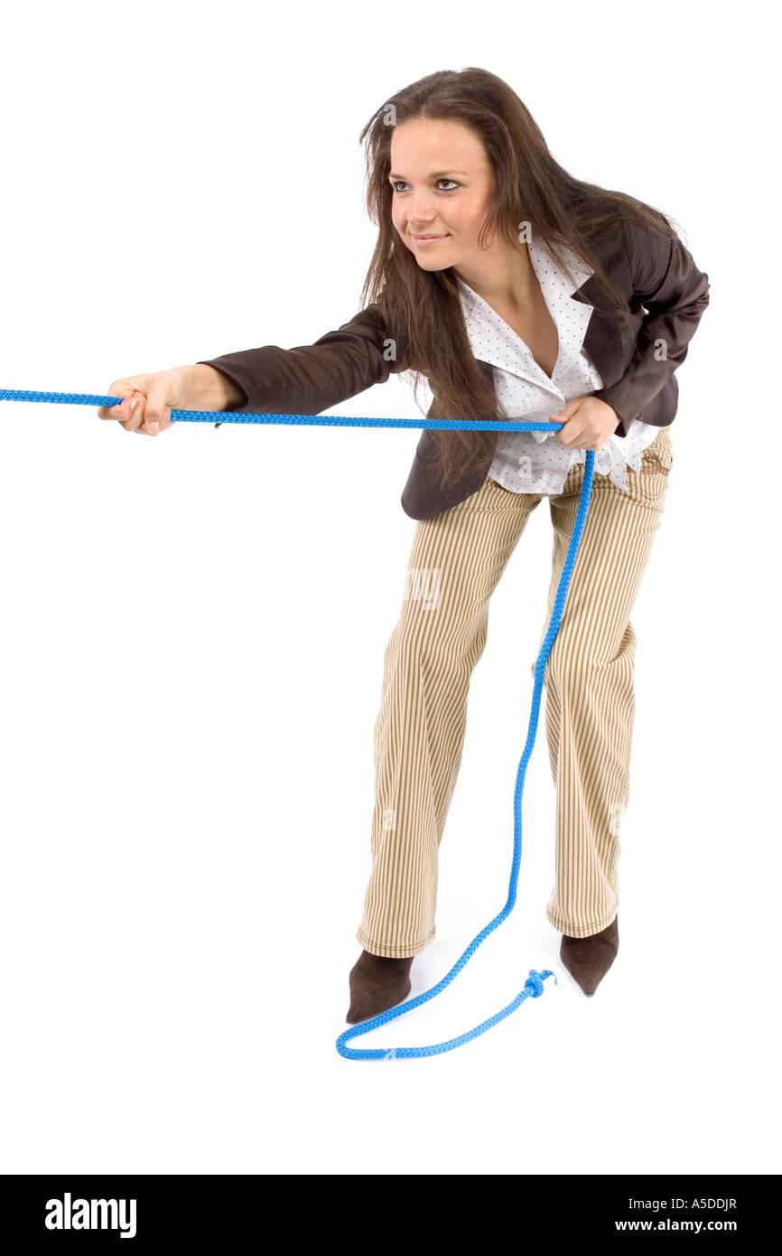 woman pulling the rope white background Stock Photo - Alamy