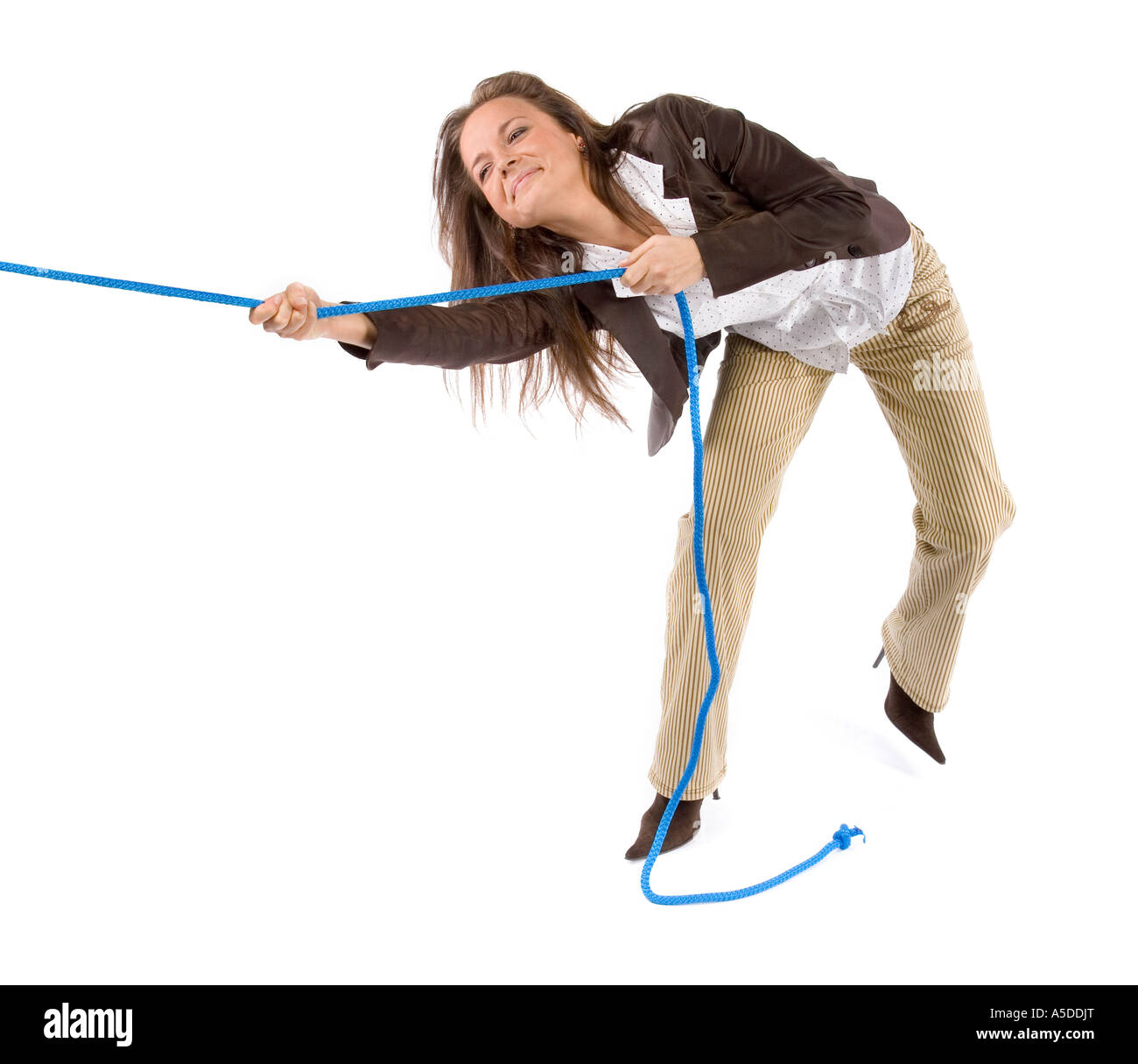 woman pulling the rope white background Stock Photo - Alamy
