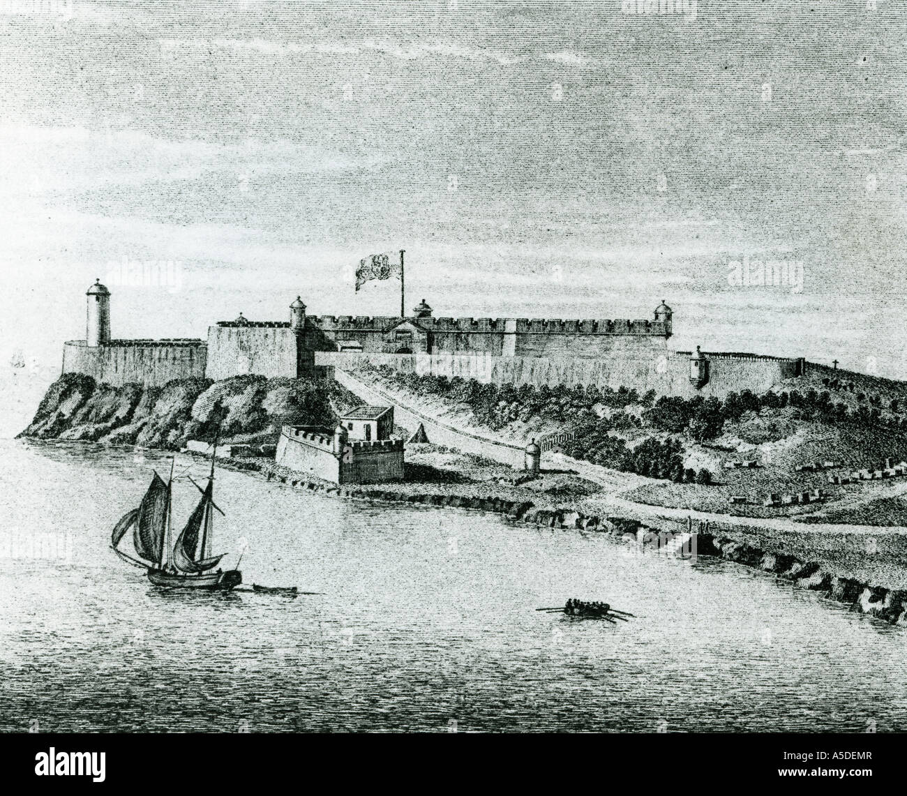 Engraving of Spanish fort Stock Photo - Alamy
