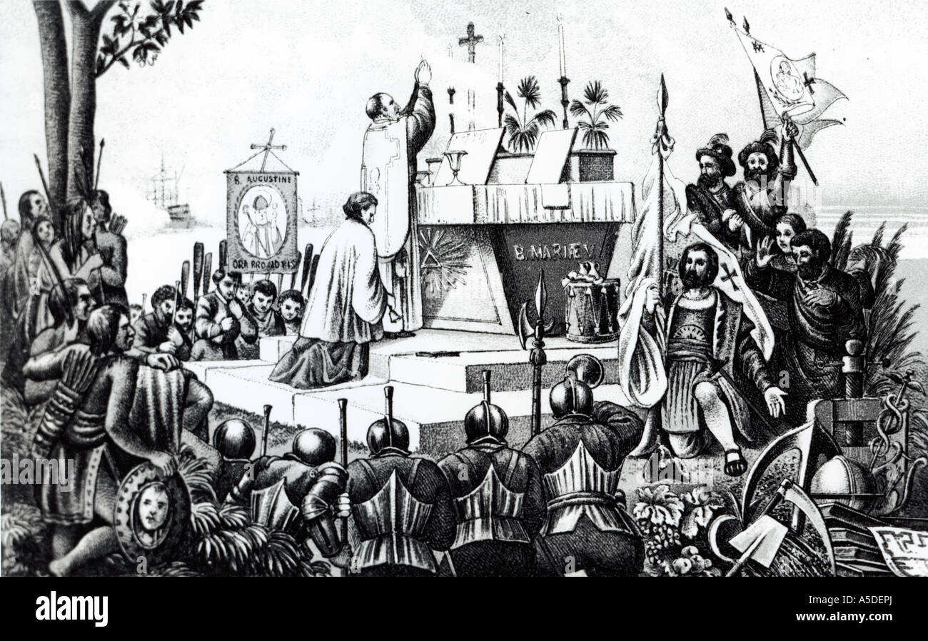 Engraving depicting the first Catholic mass in North America in St ...