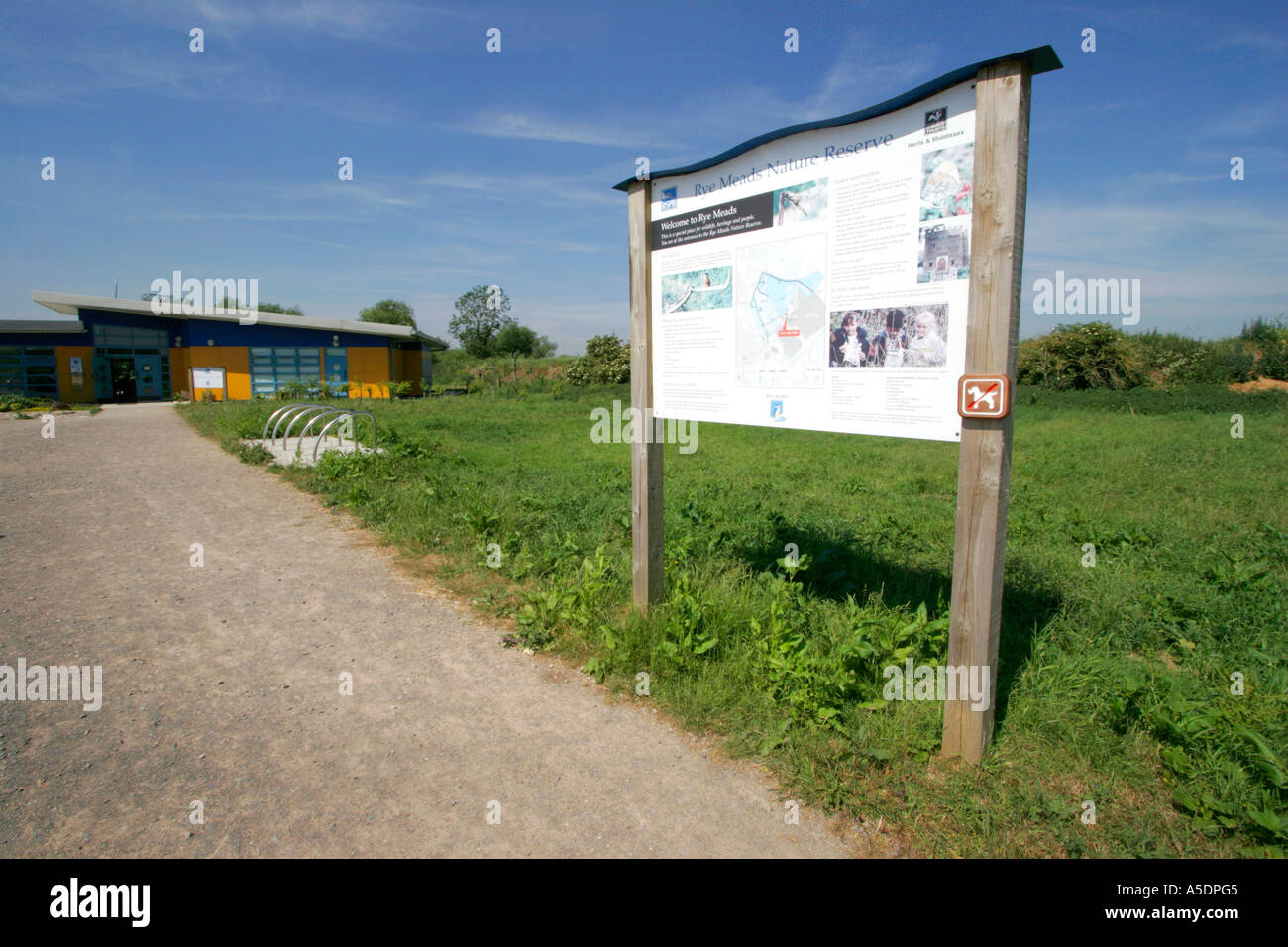 Information sign and visitor centre at Rye Meads RSPB nature reserve ...