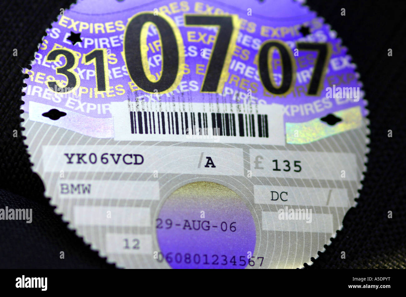 tax disc 2007 detail close up motoring cars vehicle tax Stock Photo - Alamy