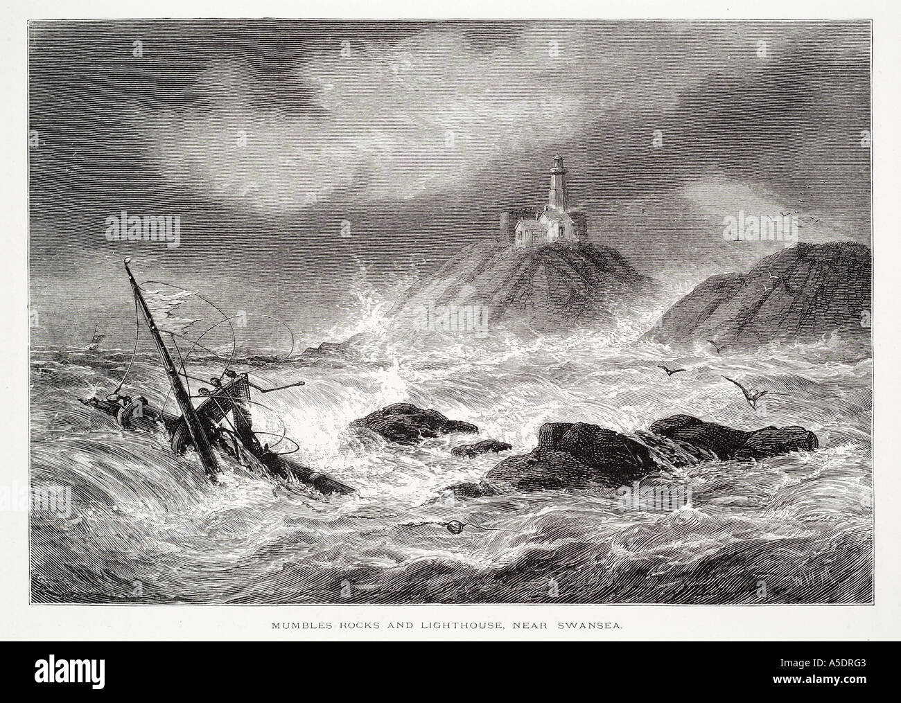 mumbles rock lighthouse wave wreck coast coastal danger bay marine West ...