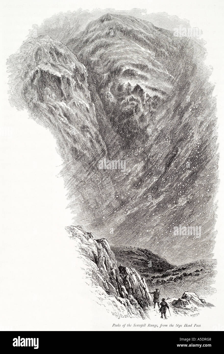 Scafell pike winter snow cold bleak mountain valley walker Cumbria lake ...