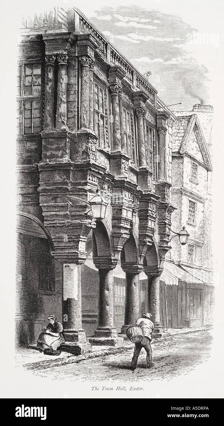 town hall Exeter Devon entrance stone street arch gas light front man ...